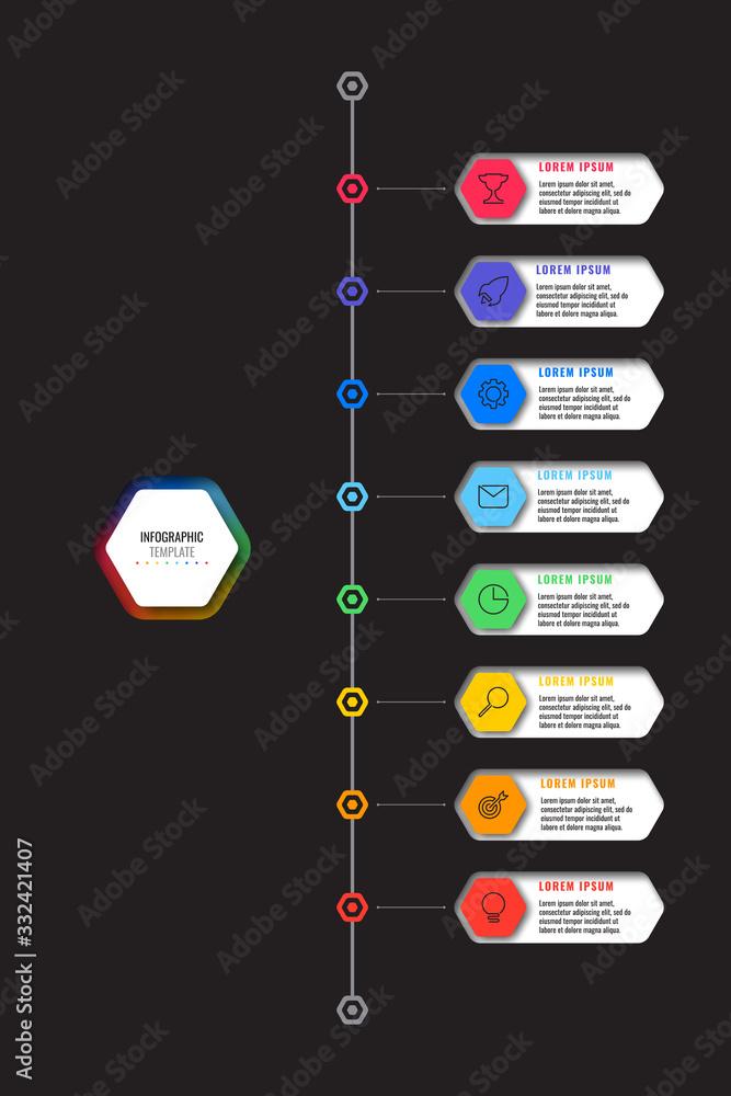 vertical timeline template with eight realistic hexagonal elements with ...