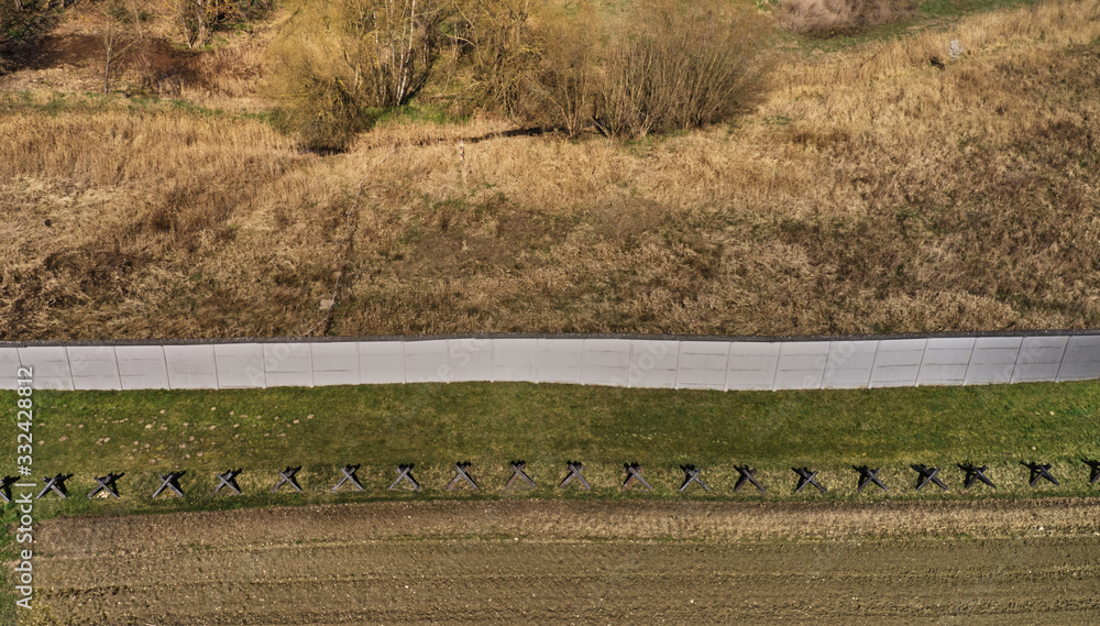 Aerial view of the preserved border fortifications on the German-German ...