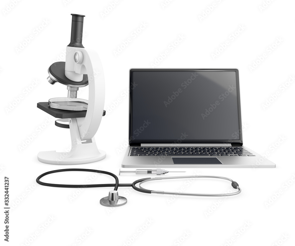Microscope, stethoscope and laptop with empty screen on the white ...