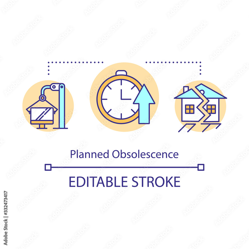 Planned obsolescence concept icon. Overconsumption reasons idea thin ...