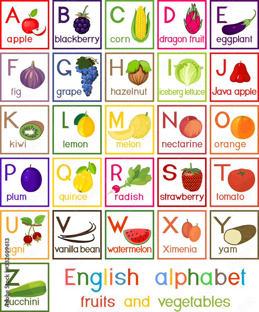 English alphabet with fruits and vegetables for children education ...
