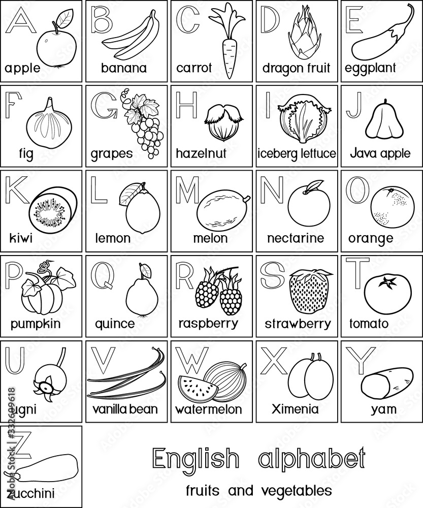 Coloring page. English alphabet with fruits and vegetables for children ...