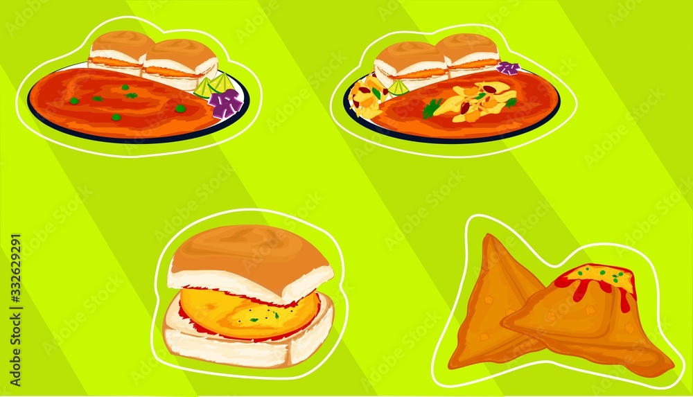 Stockvector Samosa,Vadapav,Pav bhaji,Misal Pav indian Street Food ...