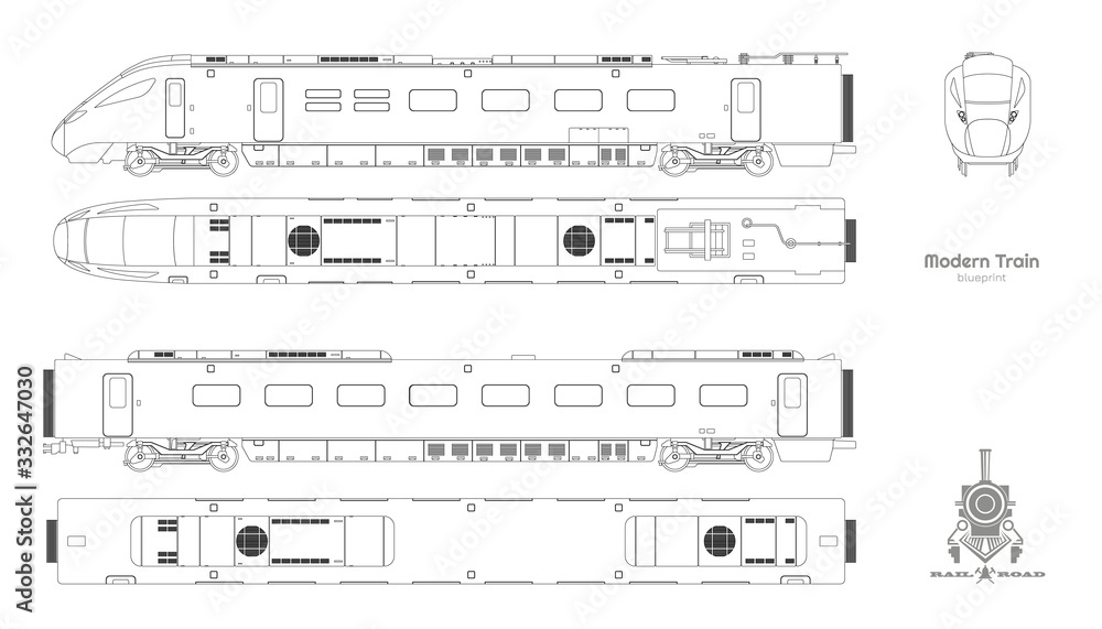 Outline blueprint of modern train. Side, top and front views. Isolated ...