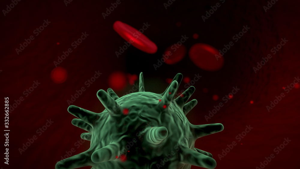 Red blood cells with viruses under the microscope . Virus infection ...