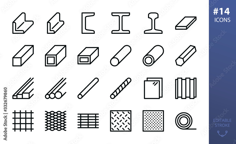 Rolled steel vector icons set. Set of metal products, steel angle ...