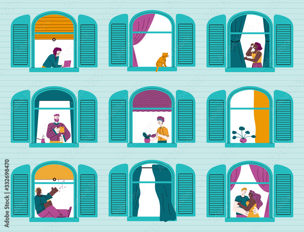 Building with cartoon people in windows sketch vector illustration ...