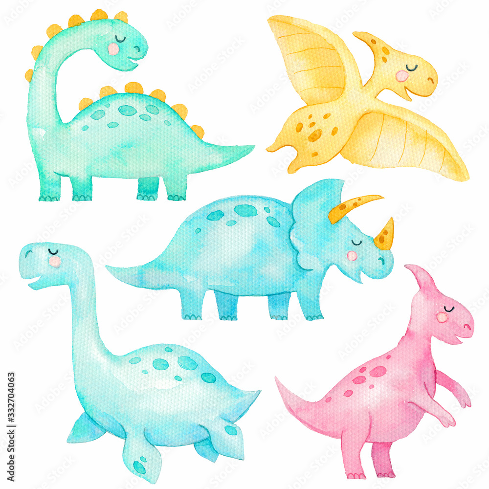 Set of different watercolor cute dinosaurs isolated on white background ...