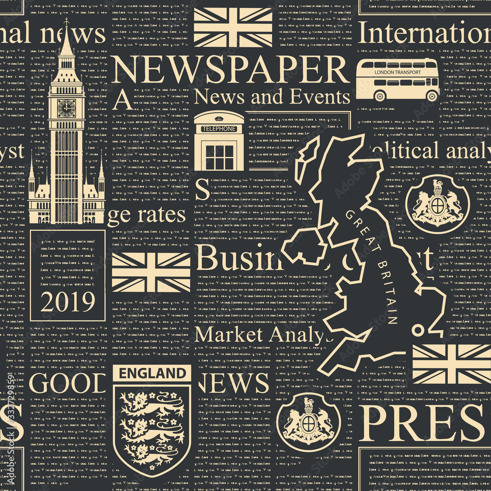 Vector seamless pattern with UK or London newspaper. Black page of ...