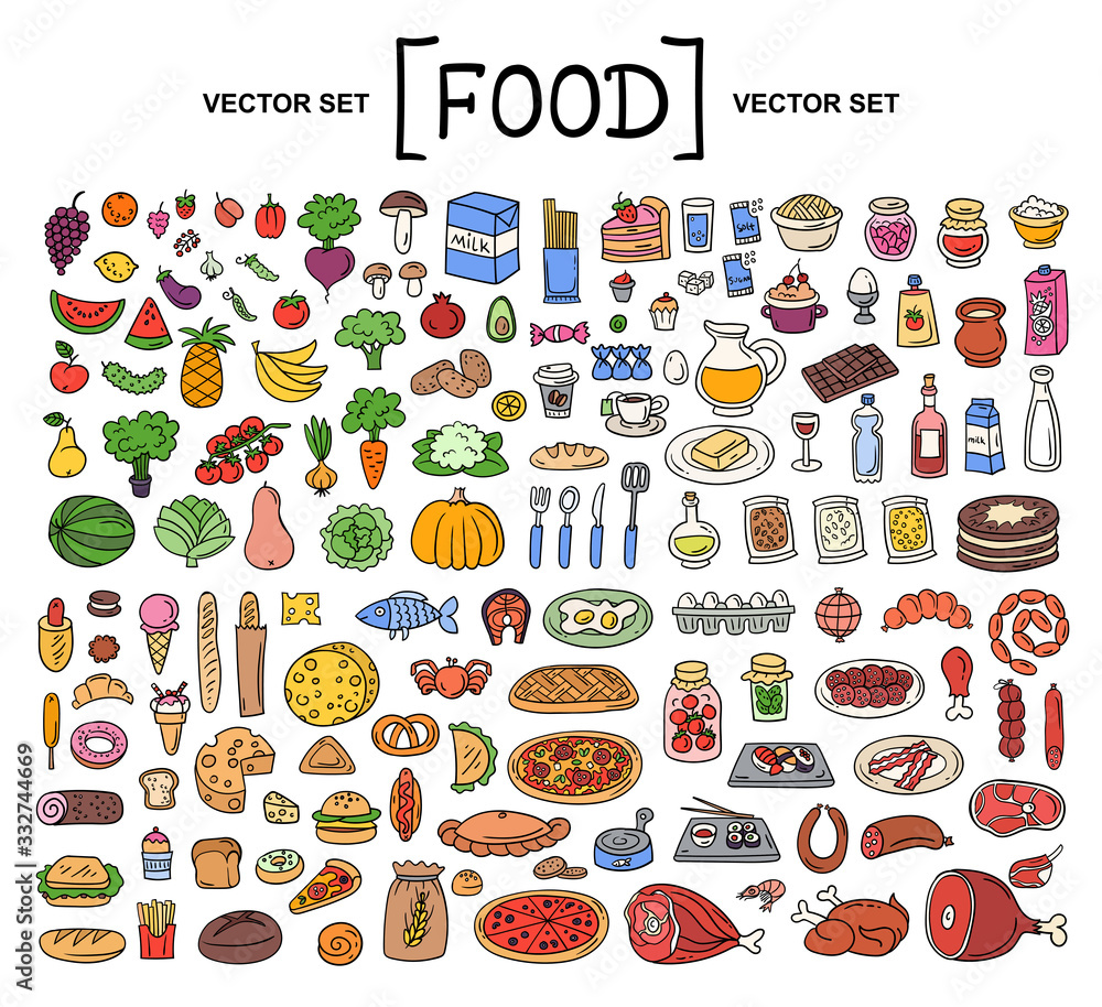 Vector cartoon set on the theme of food. Isolated colored doodles of ...