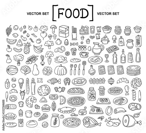 Vector cartoon set on the theme of food. Isolated doodles of fruits ...