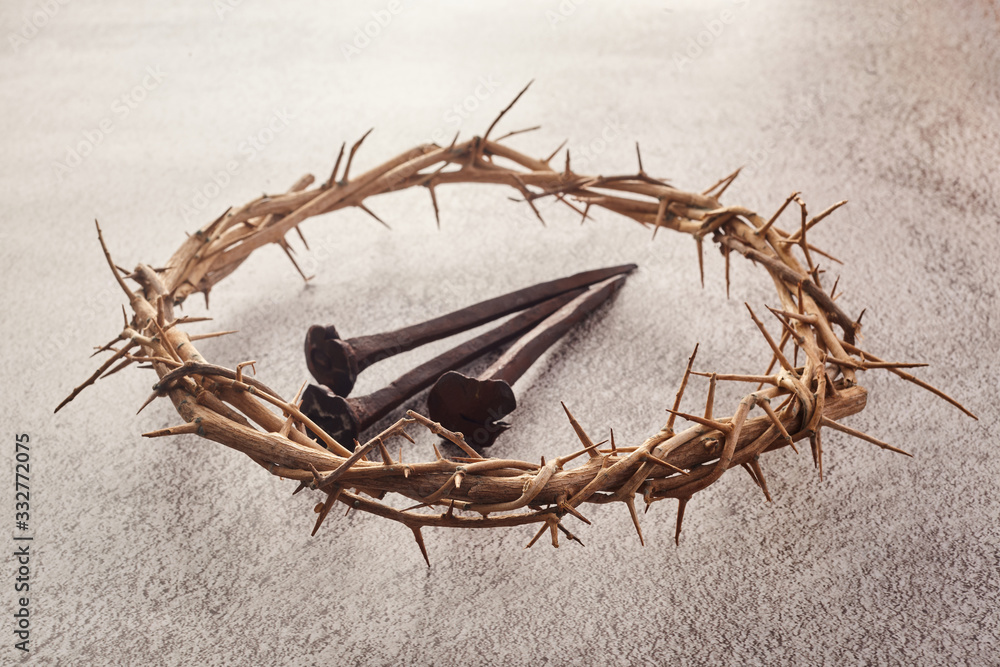 Jesus Christ Crown of thorns with three nails. Religion background ...