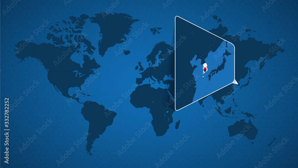 Detailed world map with pinned enlarged map of South Korea and ...
