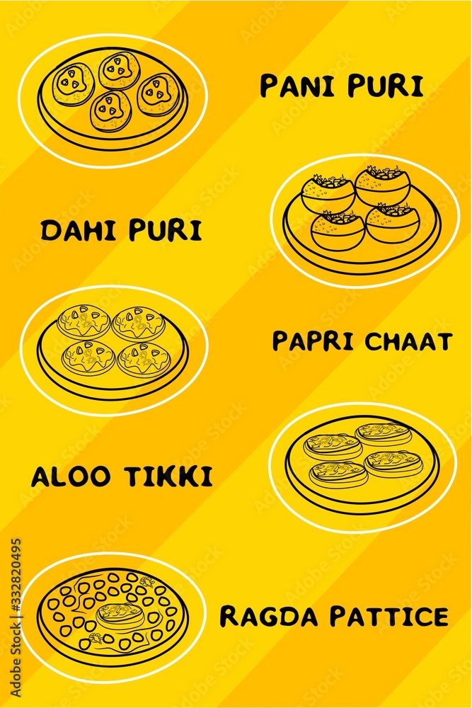Vector de Stock Indian Chaat Line Drawing Pani puri,Dahi Puri,Papri ...