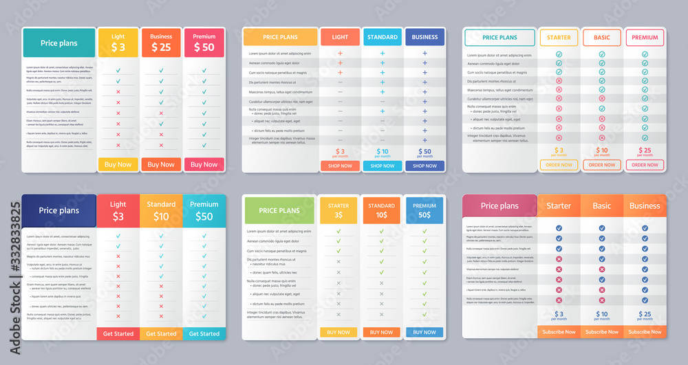 Table price template. Vector. Comparison plan chart. Set pricing data ...