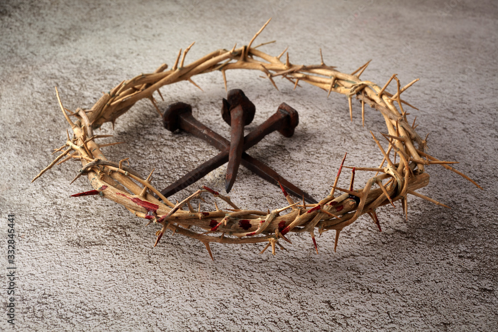 Jesus Christ Crown of thorns with three nails. Religion background ...