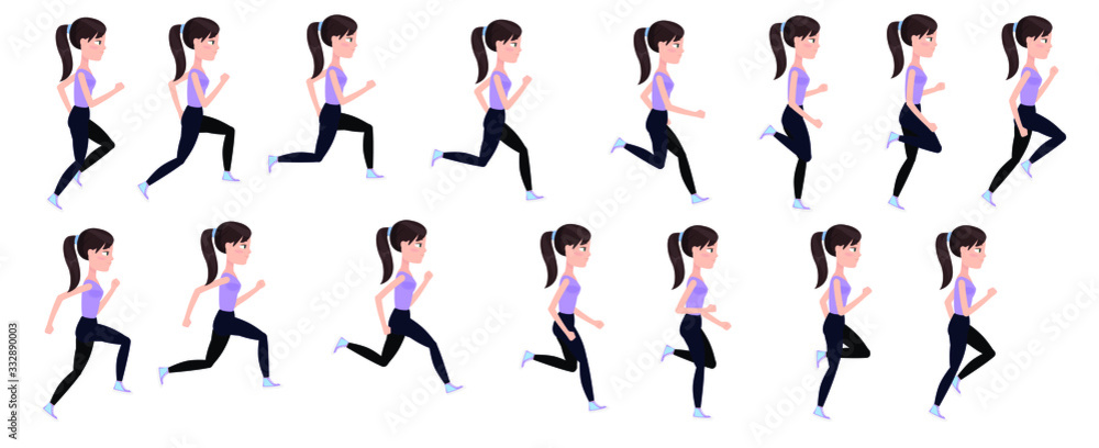 Full cycle animation of women's running. Young beautiful runner, in a ...