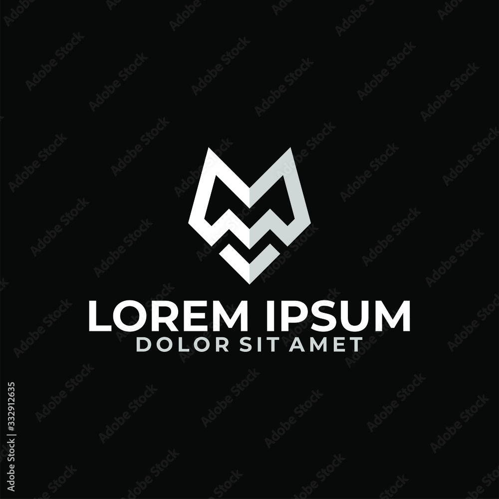 Initial letter M logo template with fox head line art illustration in ...