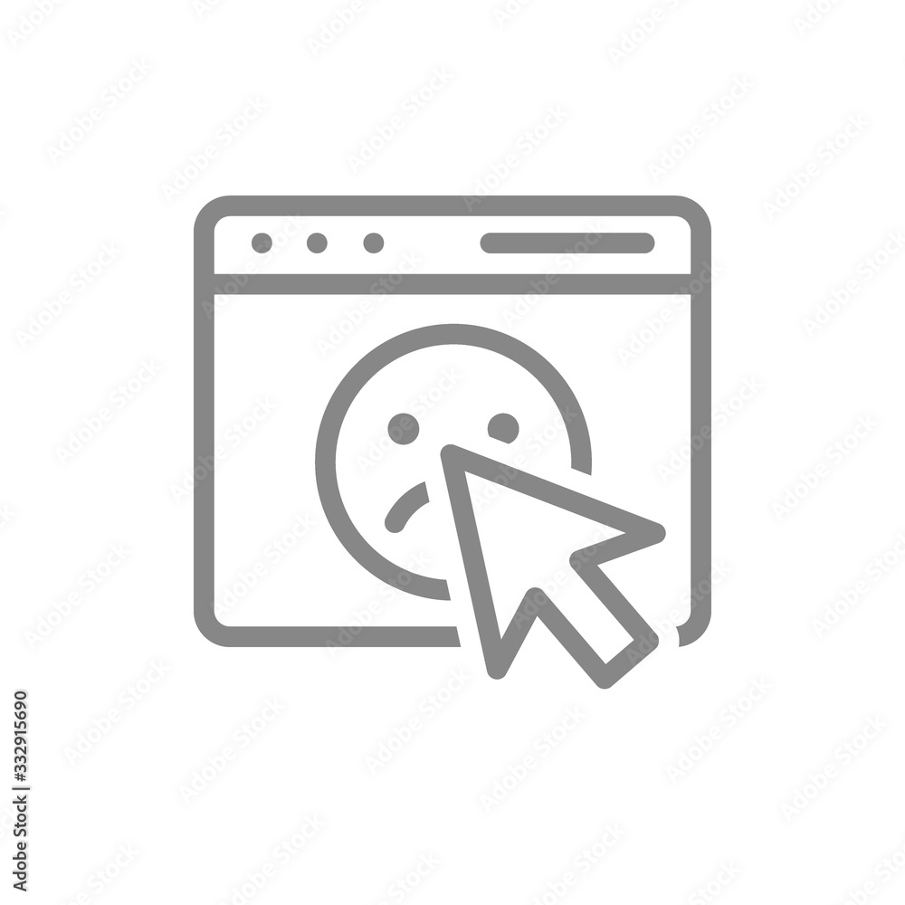Webpage with sad face and arrow cursor line icon. Email, feedback ...