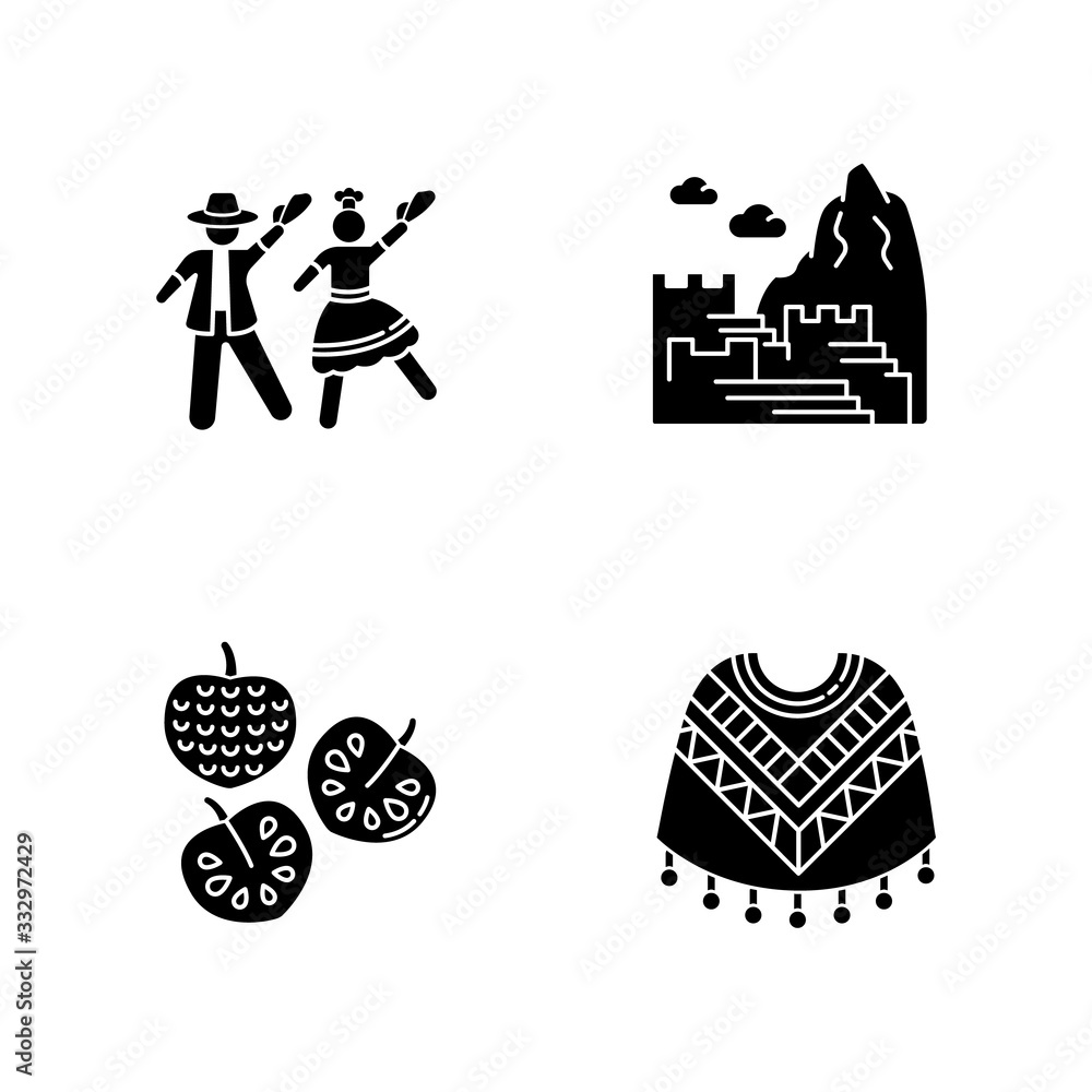 Peru black glyph icons set on white space. Mixture of Spanish and ...