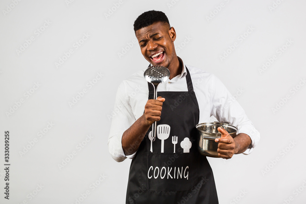 Time to cook! African american man in white shirt and apron, chef cook ...