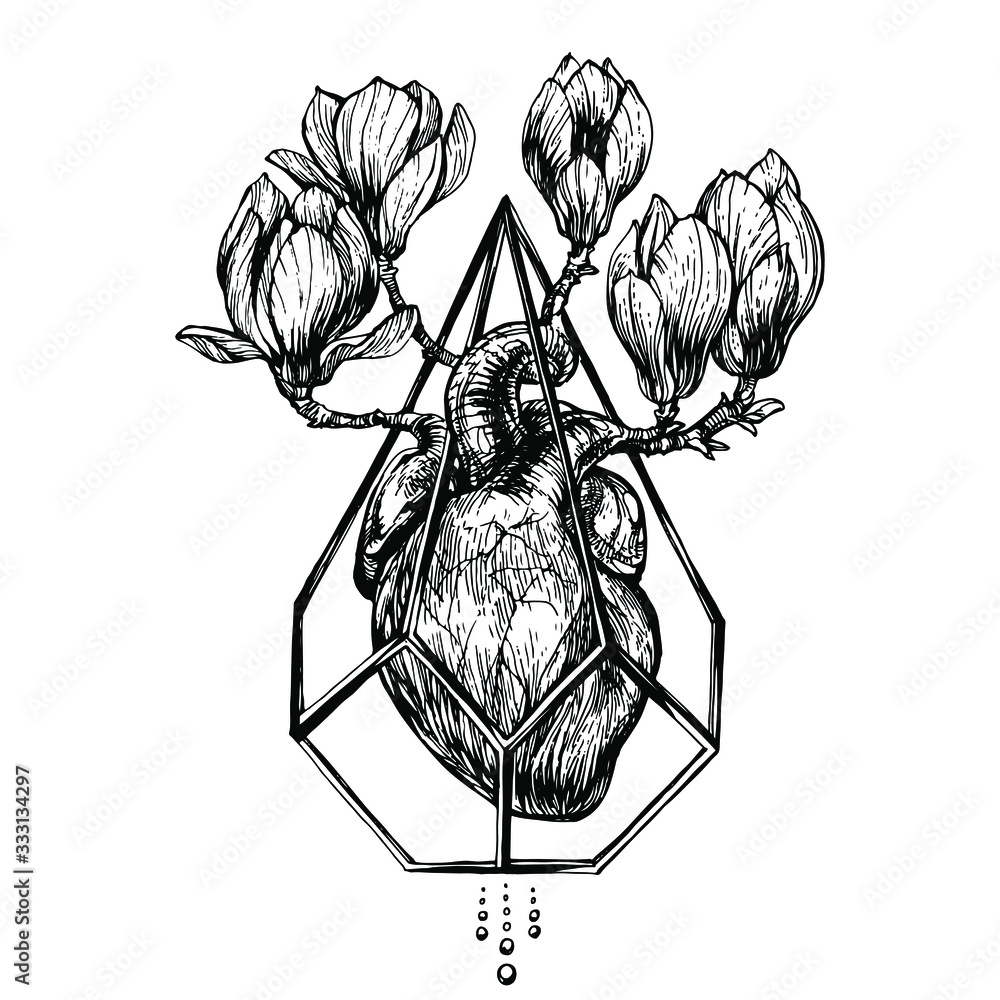 Heart trapped in planter box with magnolia brunches and flower. Ink ...