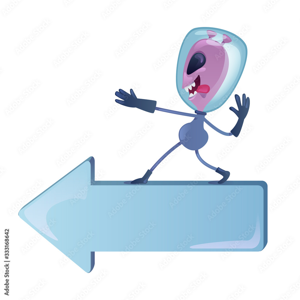 Alien standing on arrow flat cartoon vector illustration. Martian ...
