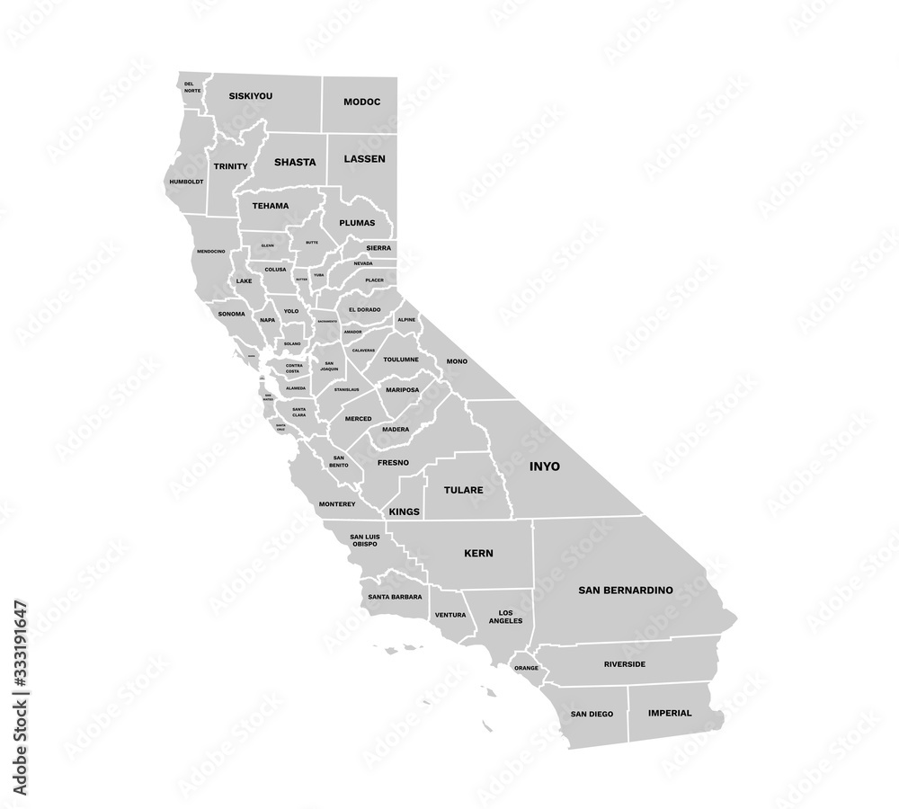 California State Map Vector With County Names and Border Isolated on ...