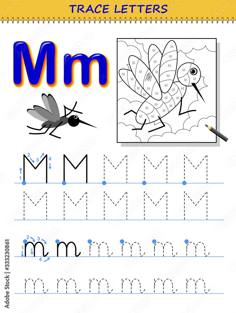 Tracing letter M for study alphabet. Printable worksheet for kids ...