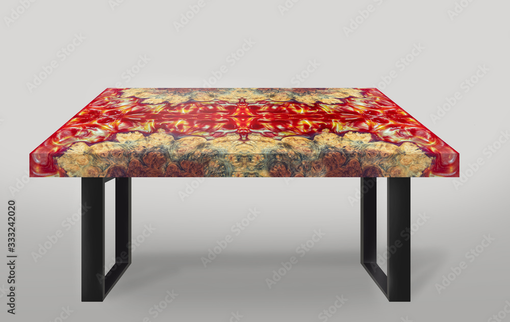 Table modern style made of casting epoxy red resin maple burl wood legs ...