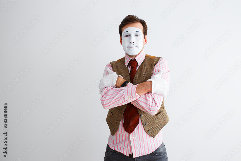 Portrait of man, actor, pantomime, man making cold gesture, coughing ...