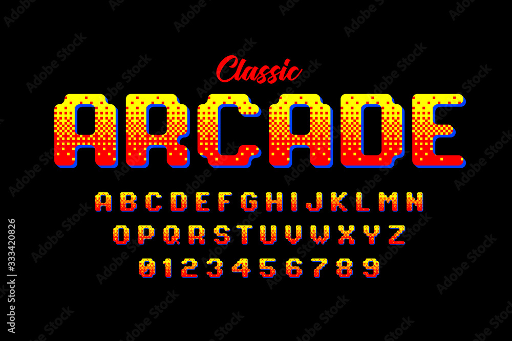 Retro style arcade games font, 80s video game alphabet letters and ...