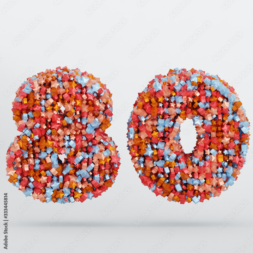 Number 80 3D Text Illustration, Digits With Pink And Sky Colors Stars ...