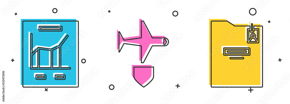 Set Document with graph chart, Plane with shield and Personal folder ...