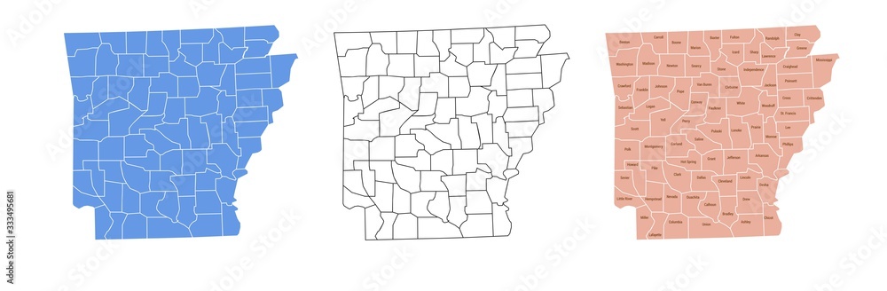 Arkansas Map Vector Set With Counties Name and Border Boundaries Black ...