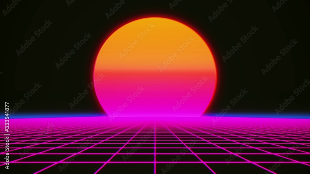 Retro 80s style grid sun stars old tv screen background. 3d rendering ...