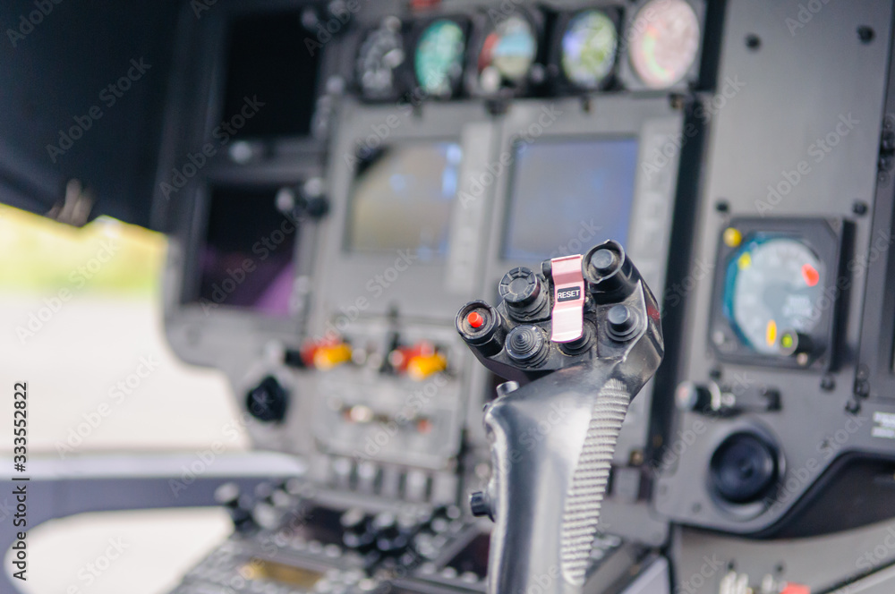 Cyclic stick in the cockpit of a Eurocopter AS350 helicopter Stock ...