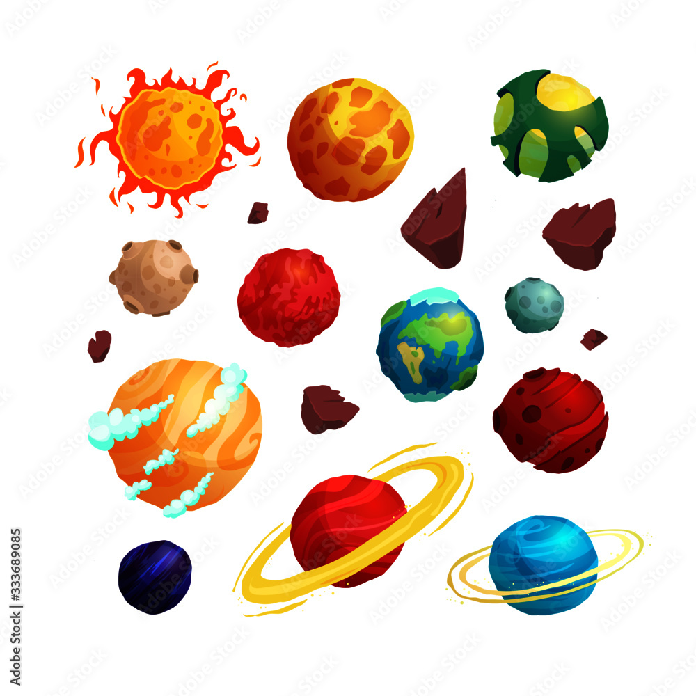 Cartoon planets vector cute set. Space objects - sun, moon, mars ... Cartoon planets vector cute set. Space objects - sun, moon, mars ...