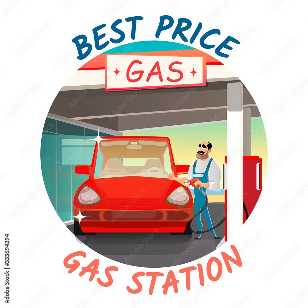 Gas Station Worker in Uniform Pumping Shiny Red Car with Petroleum ...