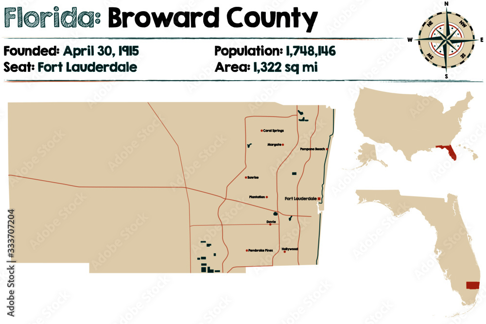 Large and detailed map of Broward county in Florida, USA. Stock Vector ...