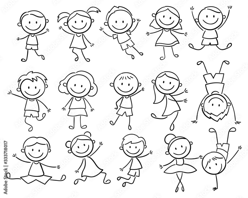 Set of doodle kids figures. Collection of happy cartoon kids ...