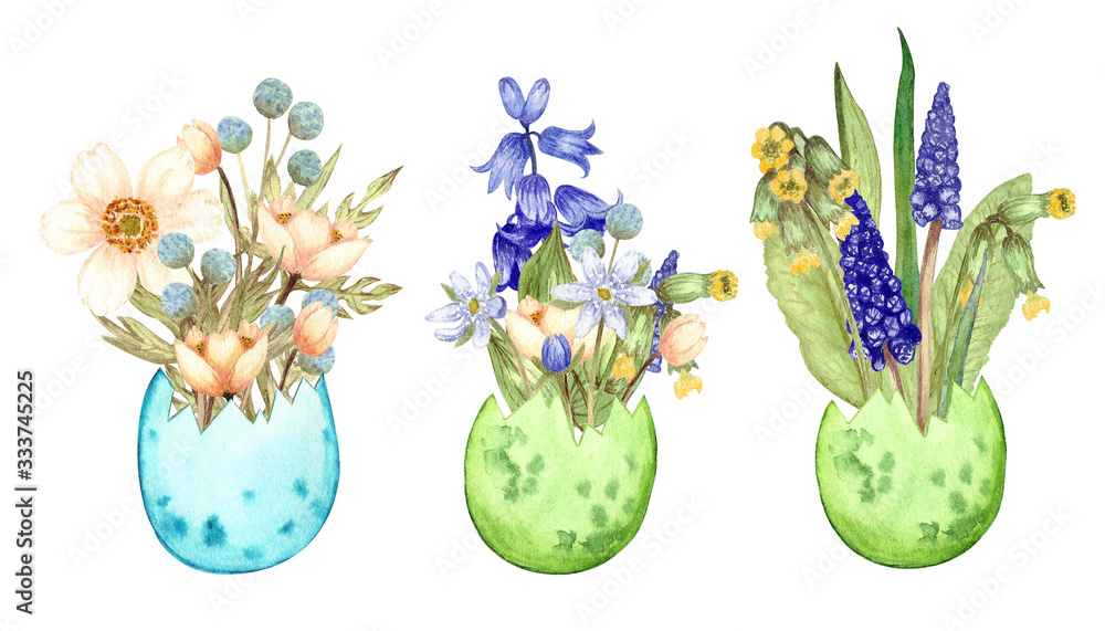 A set of watercolor illustrations depicting spring flowers in an egg ...
