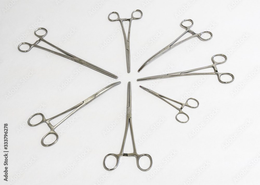 Different size Medical Forceps used to clamp blood vessels to prevent ...