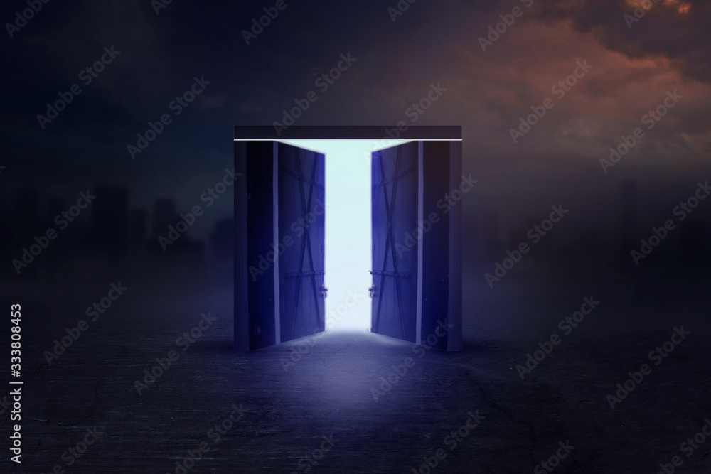 Open wooden door to the new world with green environment. Climate ...