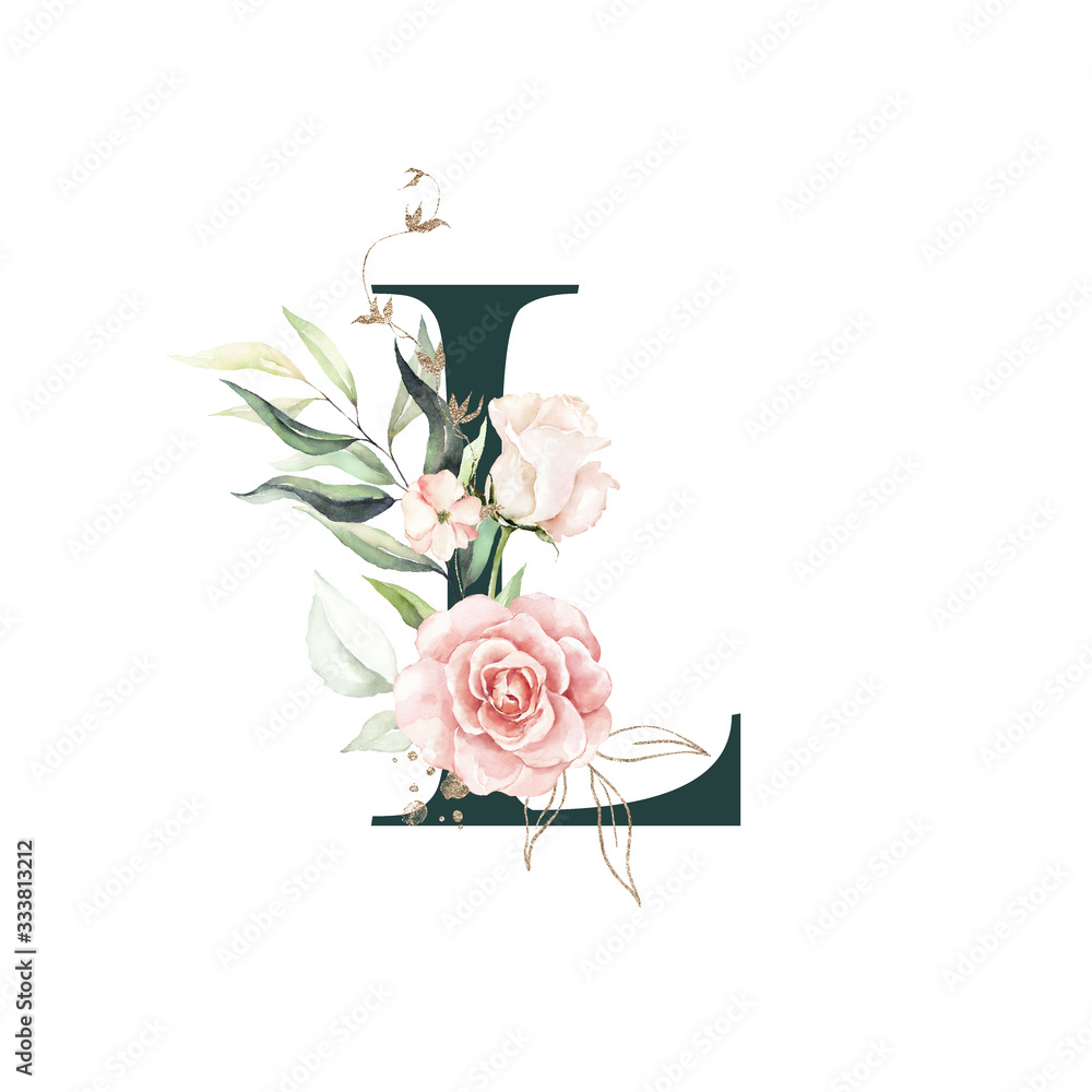 Dark Green Floral Alphabet - letter L with peach pink gold green ...