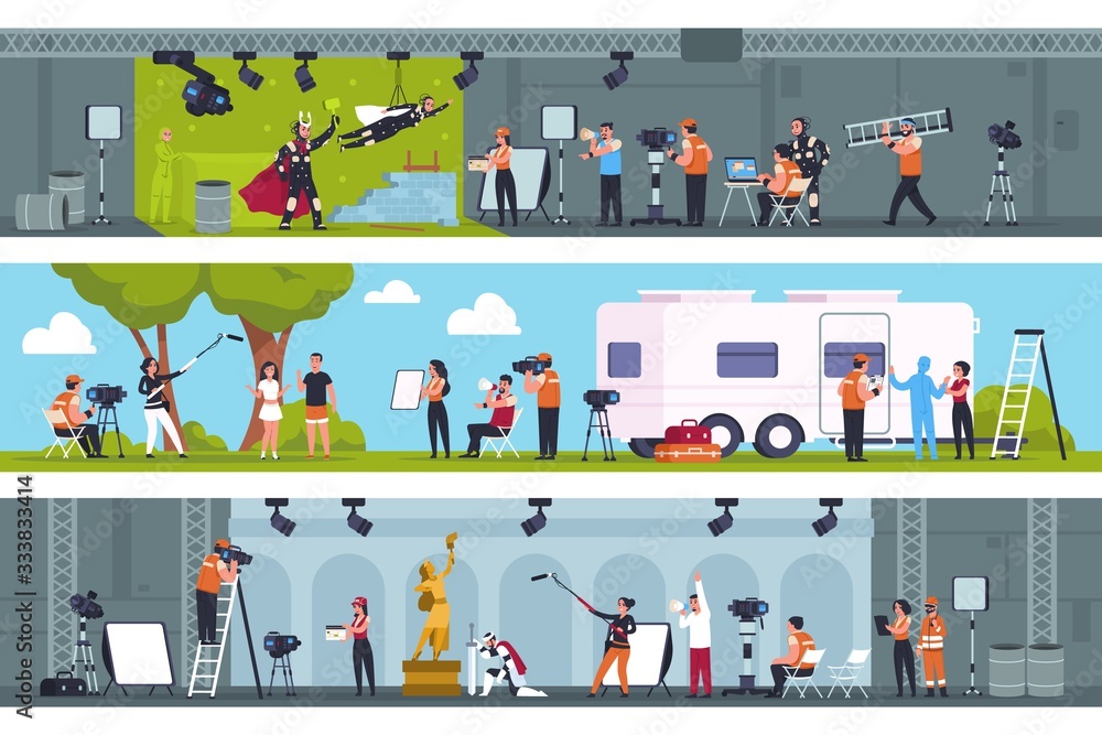 Film making. Movie production studio with film cast shooting scene on ...