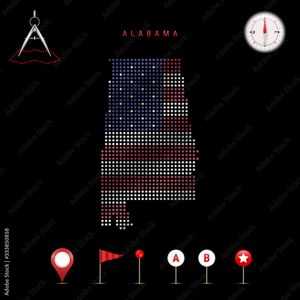 Dotted vector map of Alabama painted in the american flag colors ...