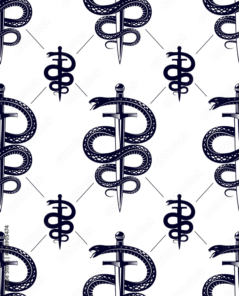 Seamless snakes pattern in vintage drawing style, dangerous poisoned ...