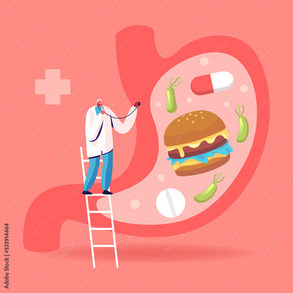 Gastroenterology Concept. Doctor Character Stand on Ladder at Huge ...