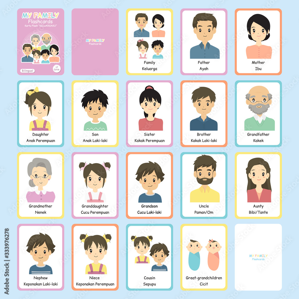 My Family flashcards design vector set. Printable flashcard for kids ...